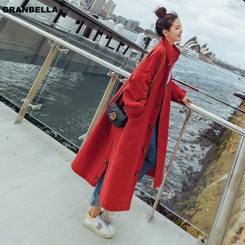 Autumn Women Khaki Red Side Split Long Windbreak S... – Grandado