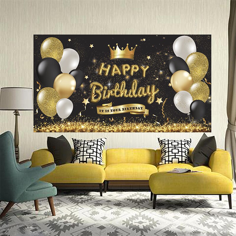 Happy Birthday Decoration Banner Large Black Gold ... – Grandado