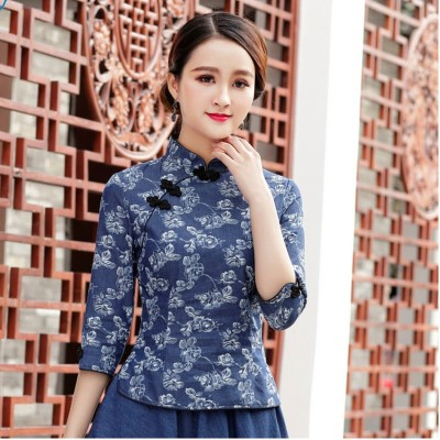 Navy Blue Blouse Chinese Shirts Denim Blue Printin... – Grandado