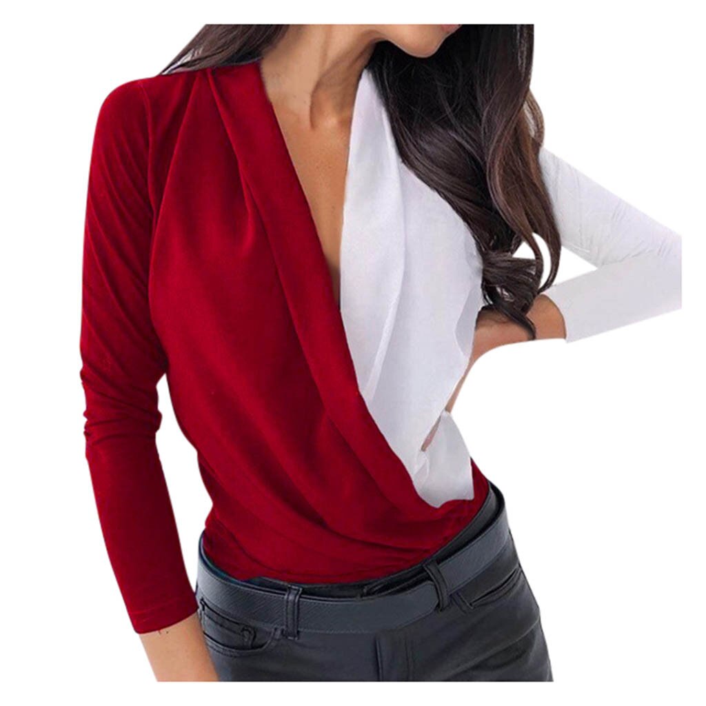 #R40 Office Work Blouse Women Patchwork V Neck Lon... – Vicedeal