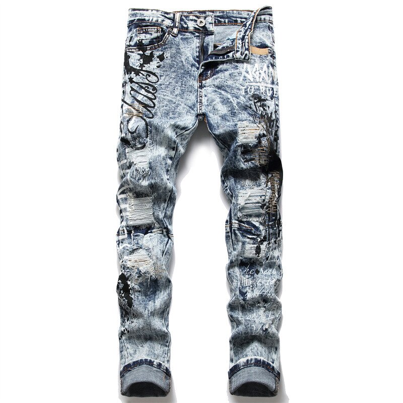 Straight Slim Snowflake Blue Jeans Men's Sligh... – Grandado