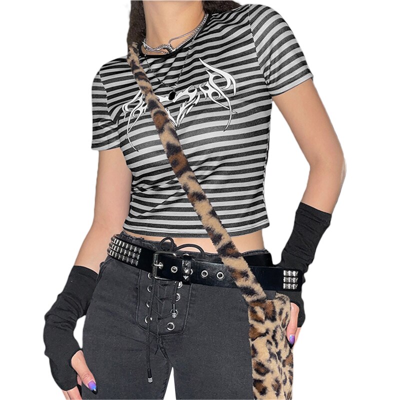 2000s Aesthetic Gothic Tshirt Summer Women Stripe ... – Vicedeal