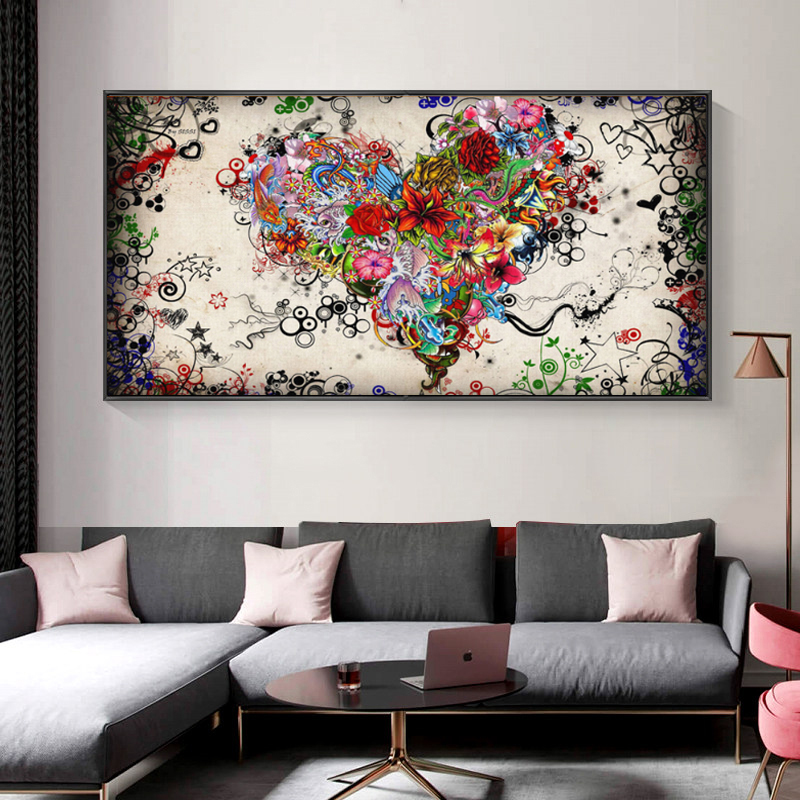 Moderne Leinwand Malerei Abstrakte Bunte Herz Blum... – Grandado