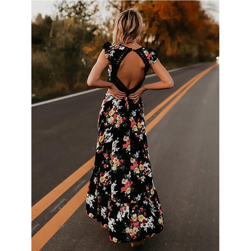 Summer Women BOHO Backless Deep V-Neck Lace Ruffle... – Vicedeal