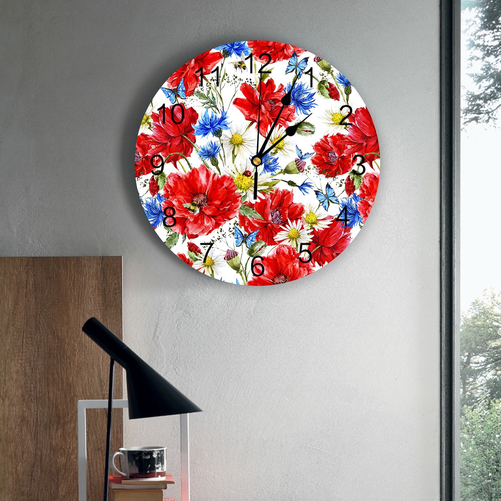 Red Poppy Daisy Flower Wall Clock Home Decor Silen... – Grandado