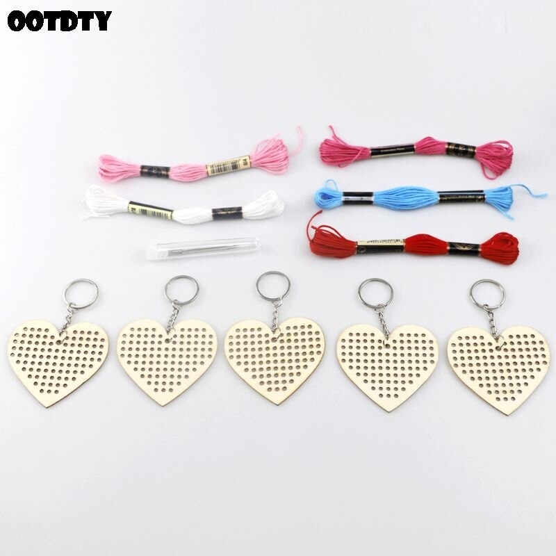 Wooden Cross Stitch Heart Embroidery Keychain Ring... – Vicedeal