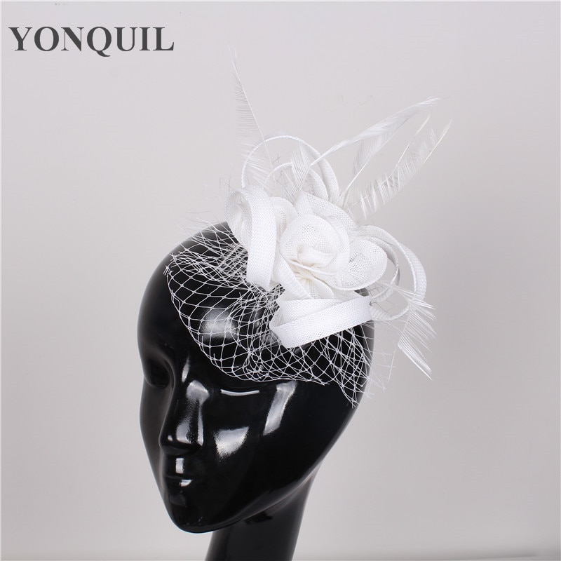 White mesh wedding headdress for bridal fascinator... – Grandado