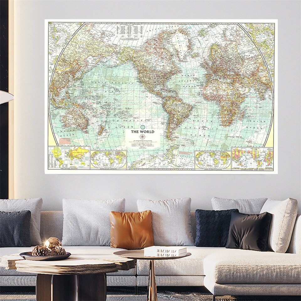 150*100 cm 1957 The World Map Vintage Non-woven Ca... – Grandado