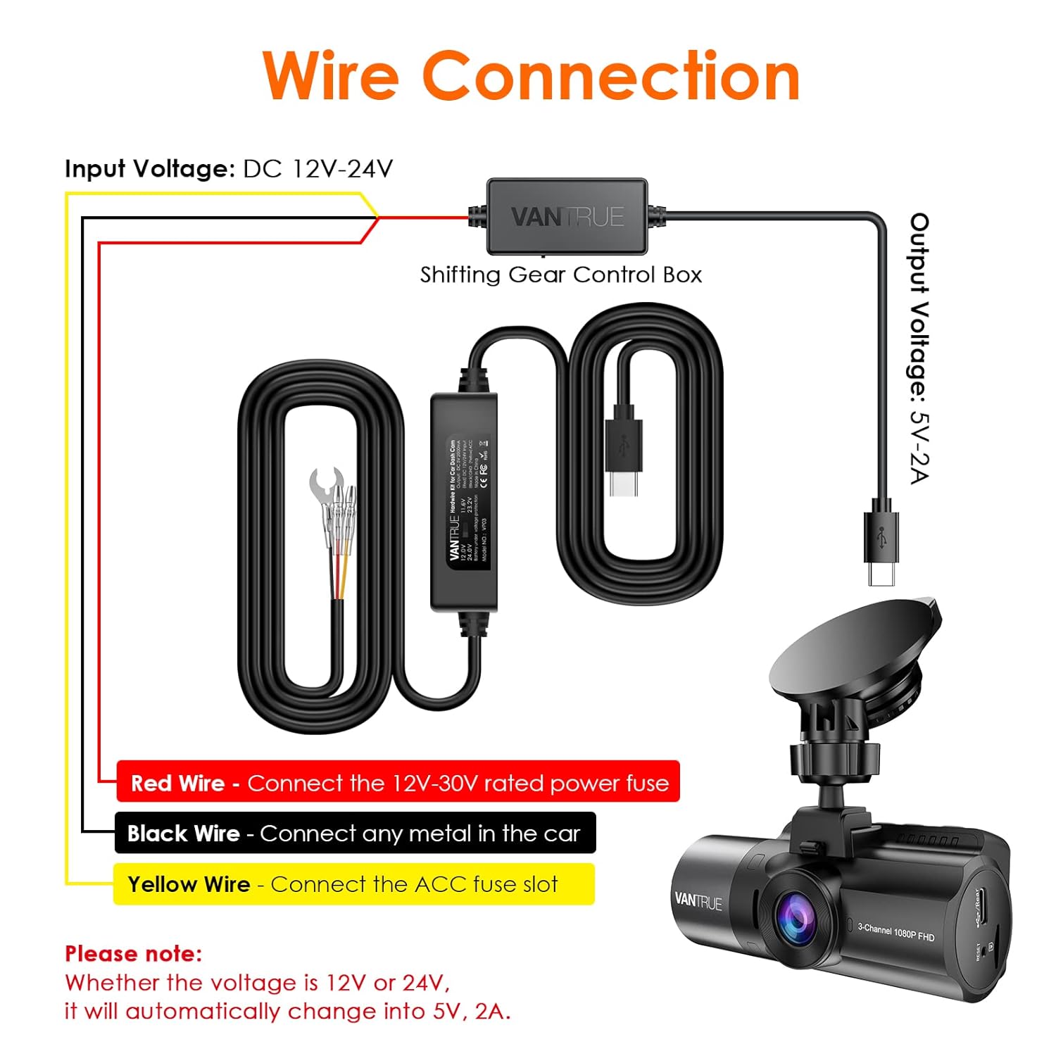 Vantrue 11.5ft type c usb 12v 24v til 5v dashkamer... – Grandado