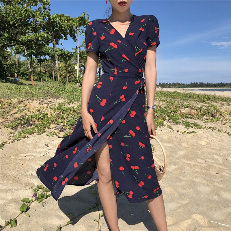 Zomer Print Cherry Jurk Vrouwen V-hals Korte Mouwe... – Vicedeal