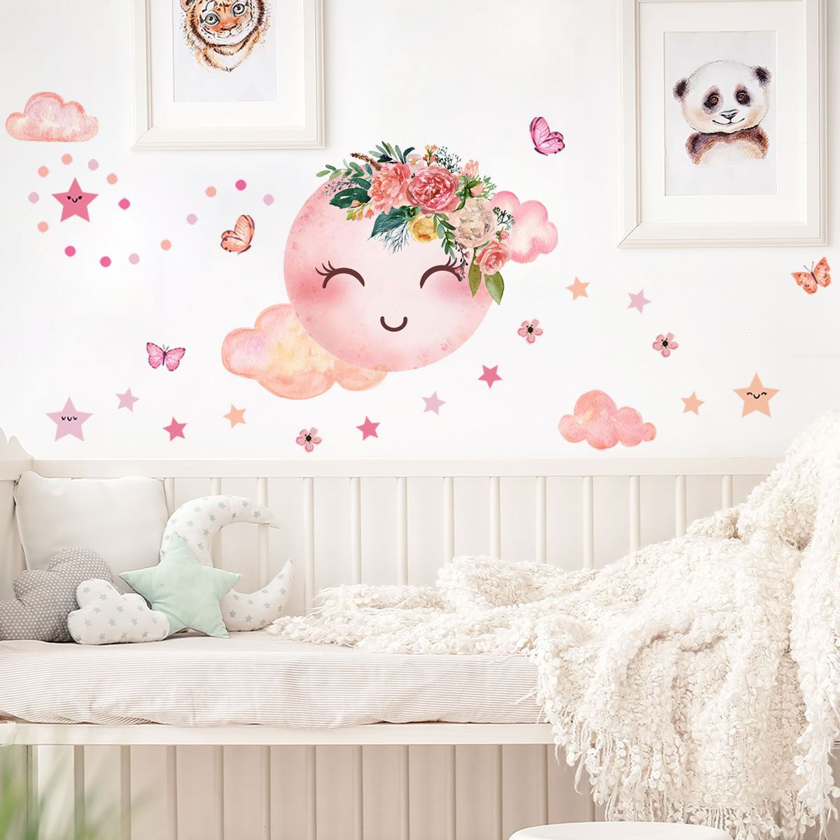 Pink cartoon smiley cloud stars wall sticker kids ... – Grandado