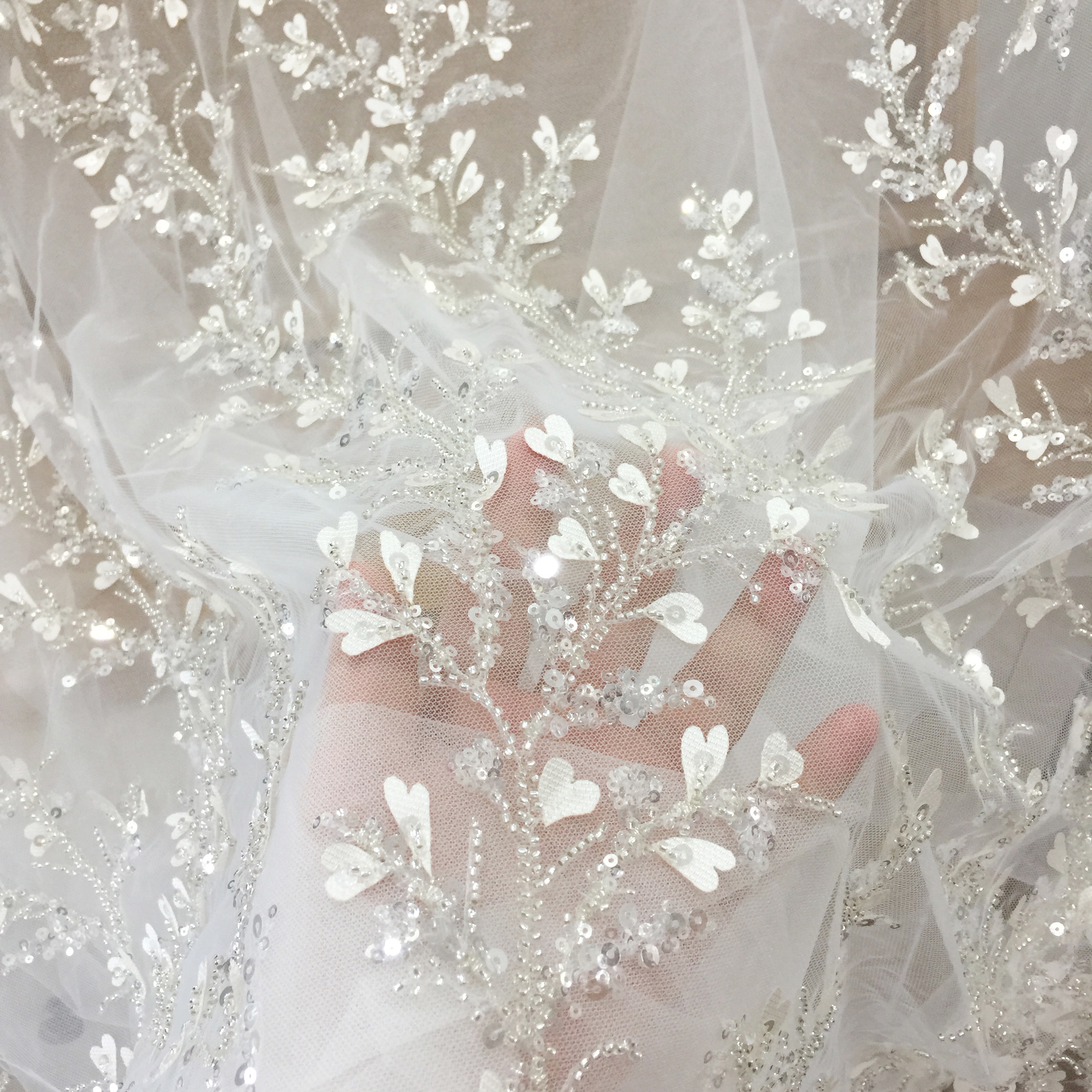 Luxury heavy beading tulle lace fabric ivory color... – Grandado