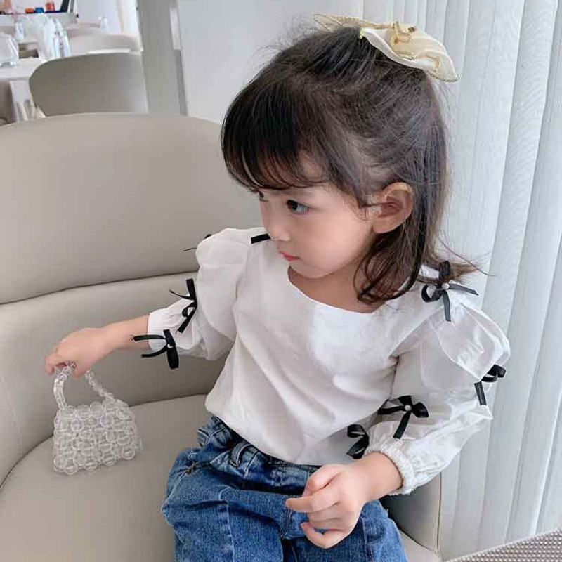 Autumn Girls Long Sleeve White Blouses with Bow Ki... – Vicedeal
