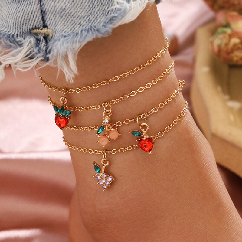 4Pcs/Set Sweet Sweet Crystal Fruit Anklets Set App... – Grandado