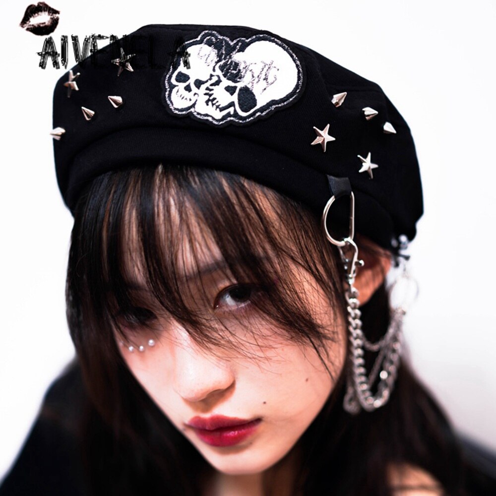 Harajuku Gothic Berets Skull Rivet Chain Hat Punk ... – Vicedeal