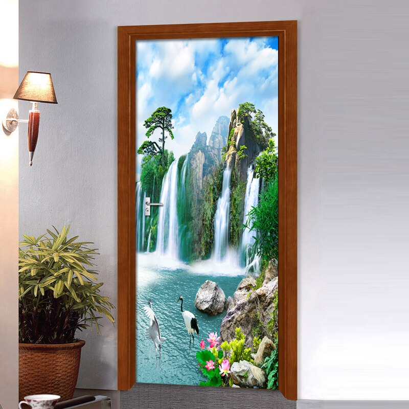 Waterfall Chinese Door Sticker 3D Nature Scene Liv... – Grandado