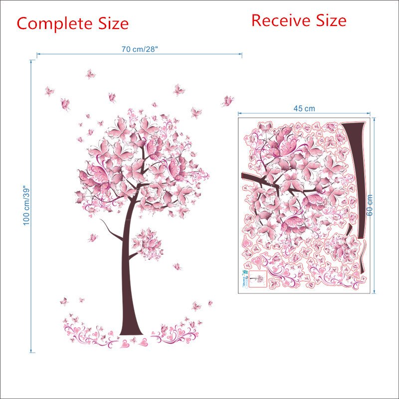 Pink butterfly flower Tree Wall Stickers Decals Wo... – Grandado