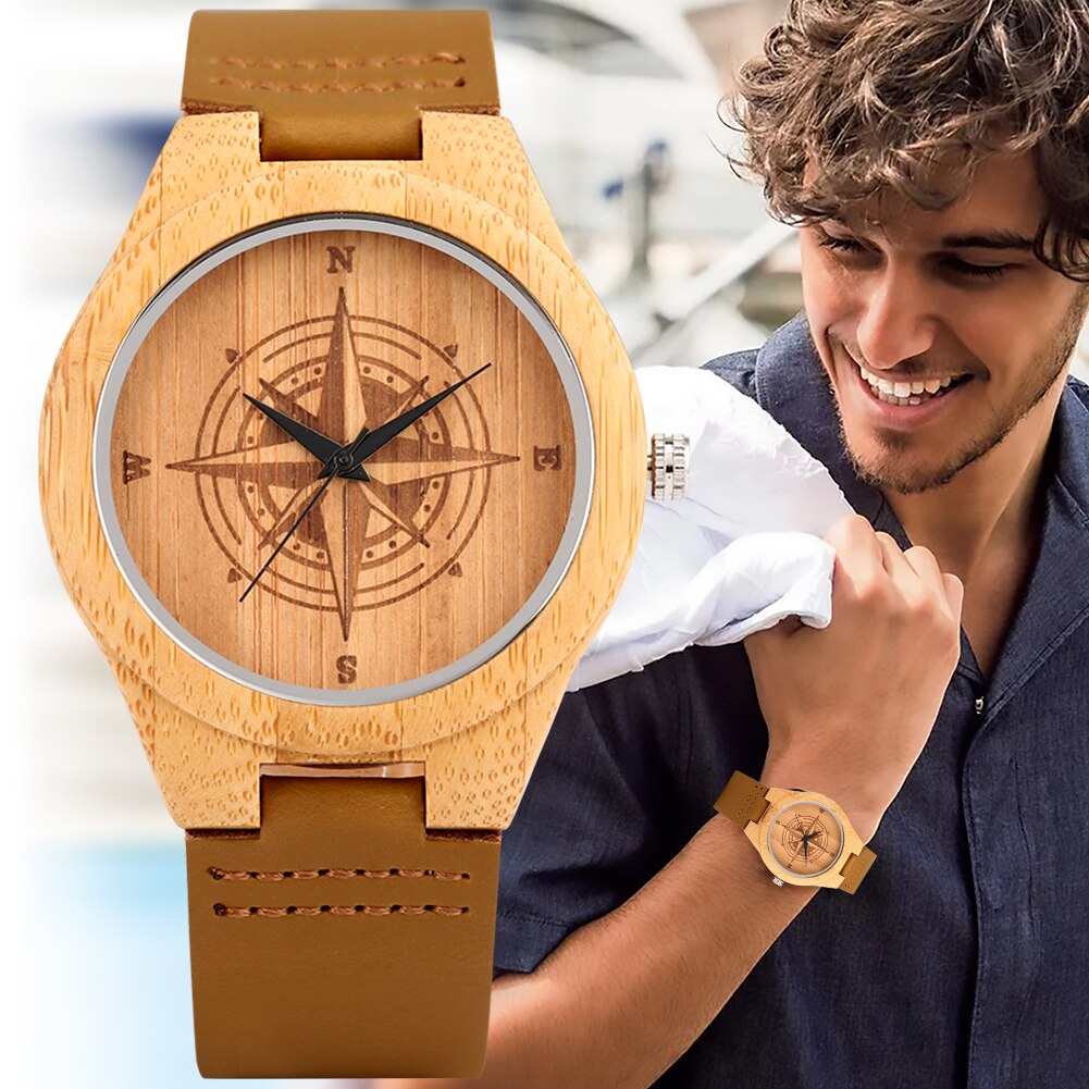Men Wooden Watches Wooden Compass Engraving Litera... – Grandado
