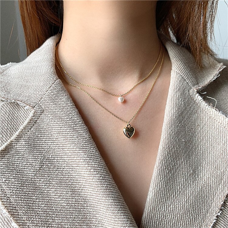 Doppel Schicht Perle Herz Anhänger Halskette Gold ... – Vicedeal