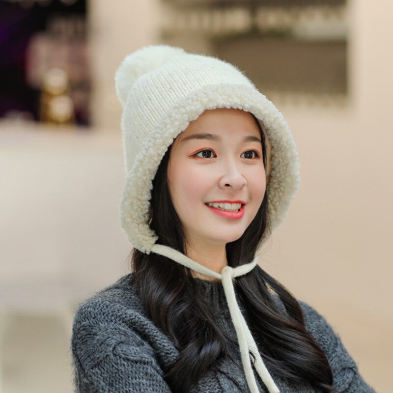 Lamb wool hats women's knitted fleece-lined caps w... – Grandado