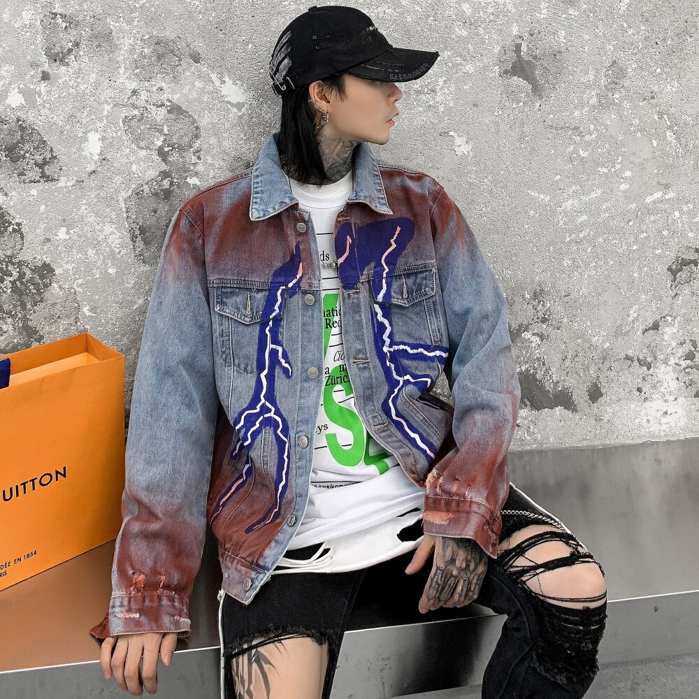 Mens Hip Hop Lightning Denim Jackets Graffiti Ripp... – Grandado