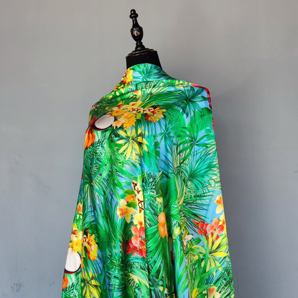 pure silk silk charmeuse fabric Green leaf coconut... – Grandado