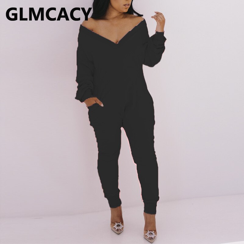Women Long Sleeve V Enck Solid Jumpsuit Pocket Reg... – Grandado