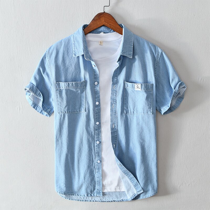 Menn sommer denim tynn skjorte kortermet myk ren b... – Grandado