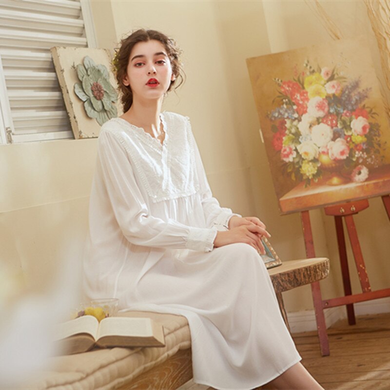 Cotton Long Night Dress Women Autumn White Romanti... – Grandado