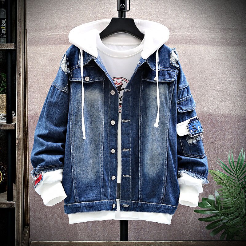 Mens Denim Jacket Outwear Coats Male Hooded Jean J... – Grandado