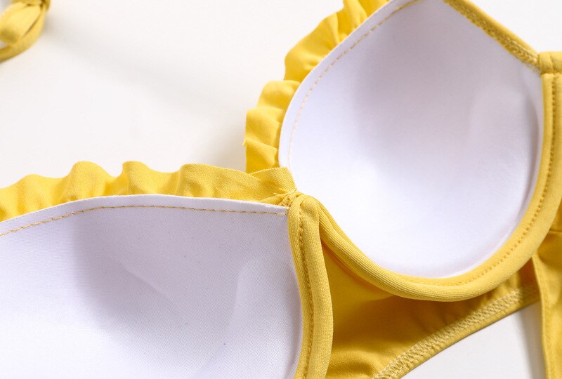 yellow backless one-piece ruffled side bikini tull... – Grandado