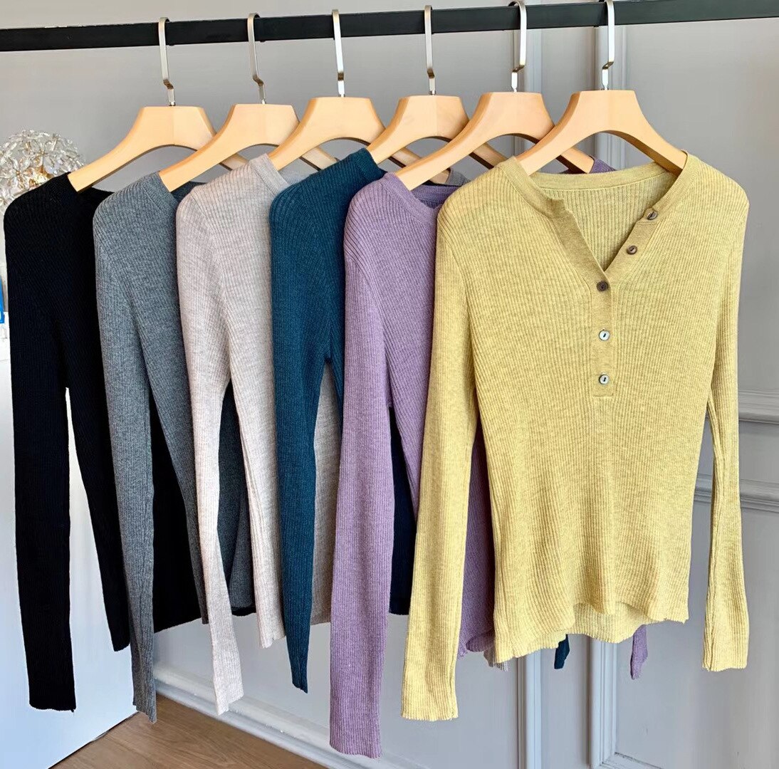 Wool Henley Sweater Rib Knitted Sweaters Women Bas... – Vicedeal