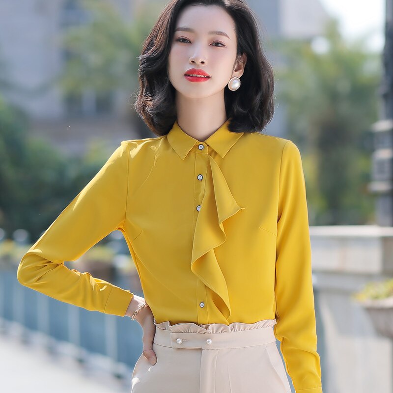 Yellow Chiffon Shirt Women Spring Formal Long Slee... – Grandado