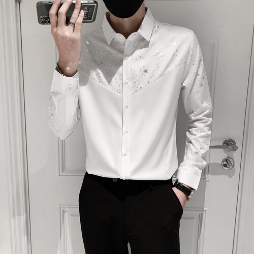 Star Print Patchwork Shirt Men Dress Shirts Long S... – Grandado