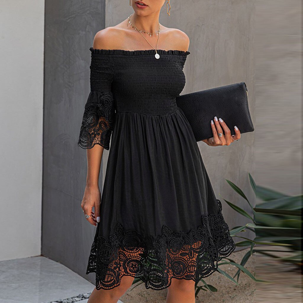 solid color lace mini dress with one shoulders Cas... – Vicedeal