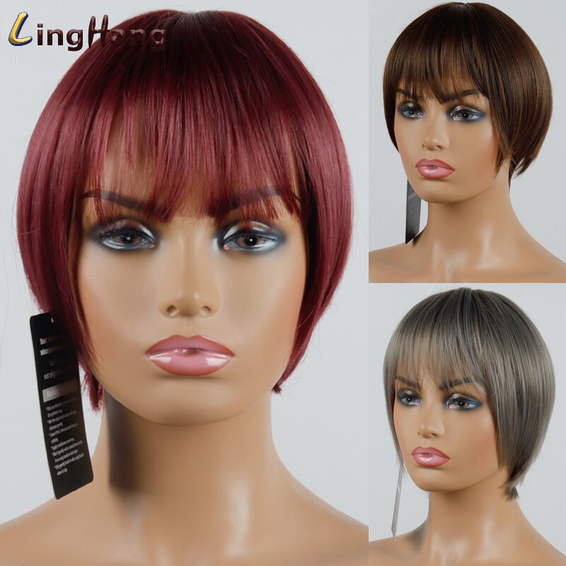 LINGHANG Short Brown Black Straight Wig Pixie Hair... – Grandado LINGHANG Short Brown Black Straight Wig Pixie Hair... – Grandado