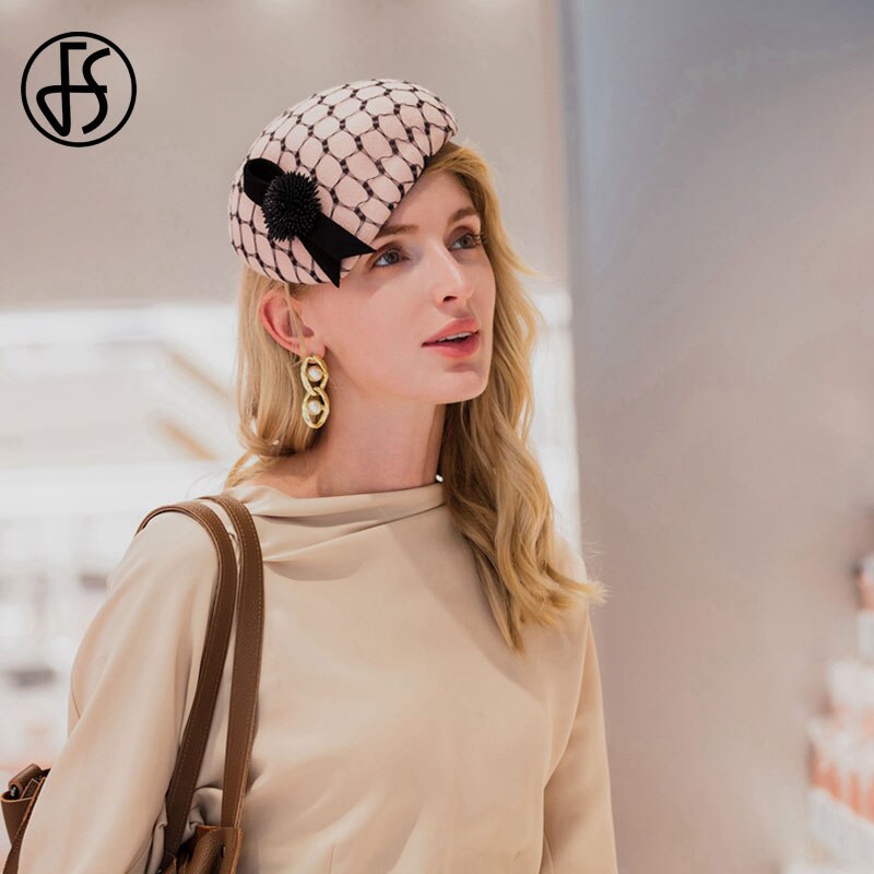 FS Fascinator Hat For Wedding Women Winter Wool Felt Pink Pillbox Hats ...