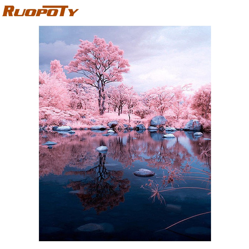 RUOPOTY Frame Diy Picture By Numbers Kit Pink Fore... – Grandado