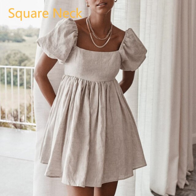 Femmes d'été Robes Femme Vintage Lin Robe Col Carr... – Grandado