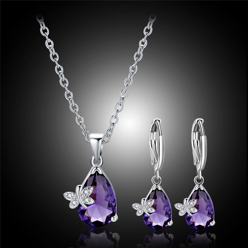 Female Purple Crystal Jewelry Set Charm Silver Col... – Vicedeal