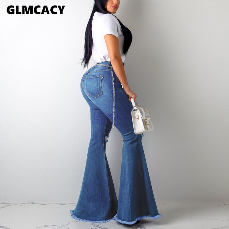 Women Casual Hole High Waist Zipper Skinny Flare P... – Grandado