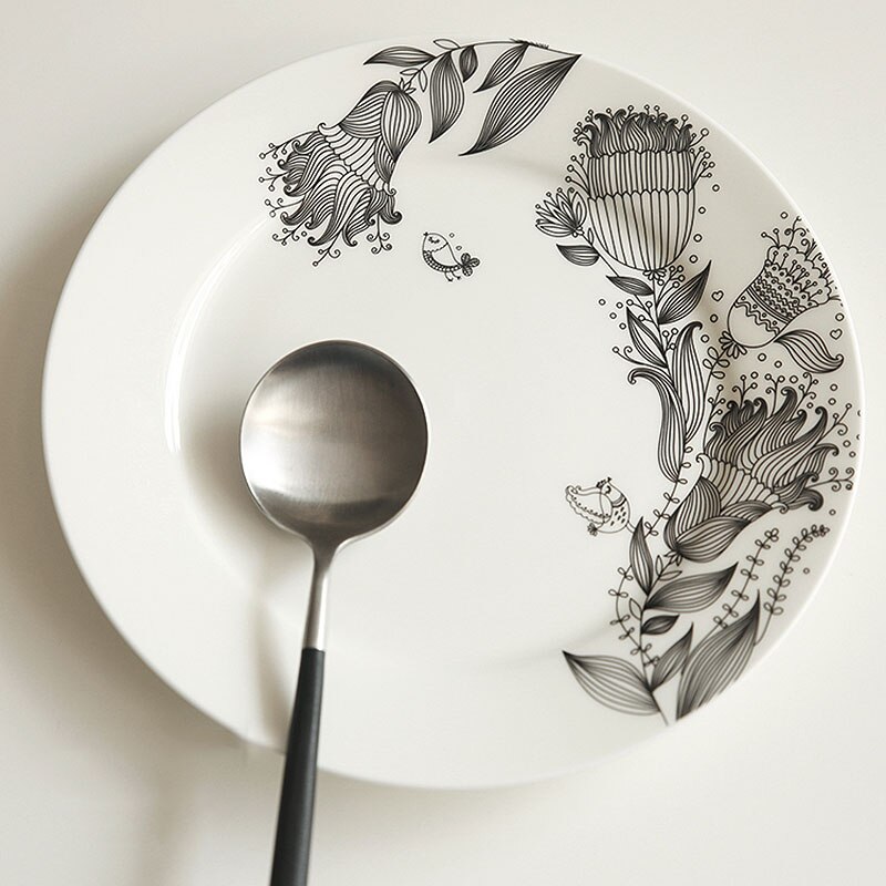 Home textile dish bone china round black white flo... – Grandado