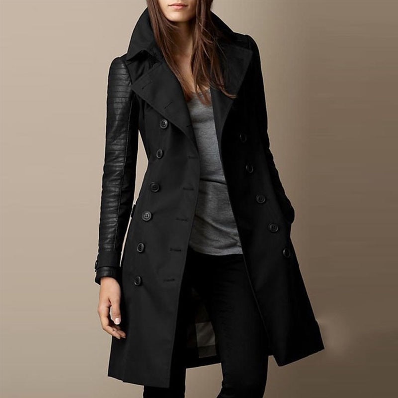 Trench Coat Women Patchwork Western Long Sleeve Do... – Grandado