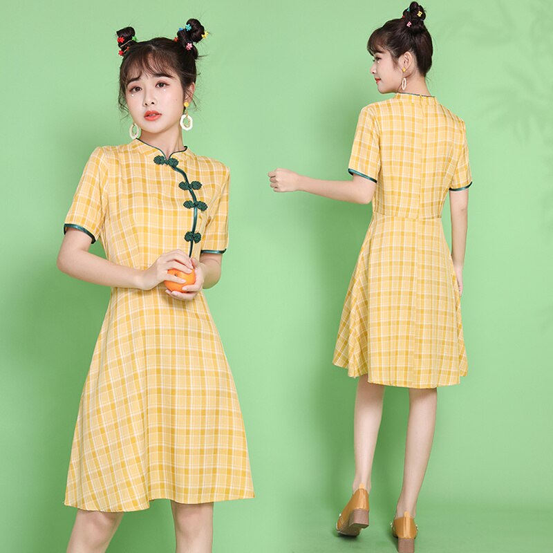 Plus Size M-4XL Summer Short Sleeve Yellow Grid Qi... – Grandado