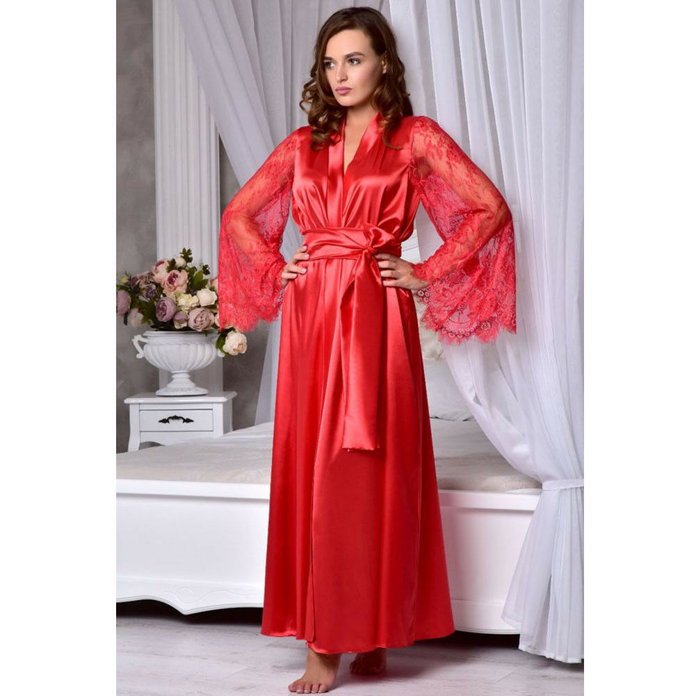 Women Satin Silk Lace V-neck Bandage Robe Dress Go... – Vicedeal