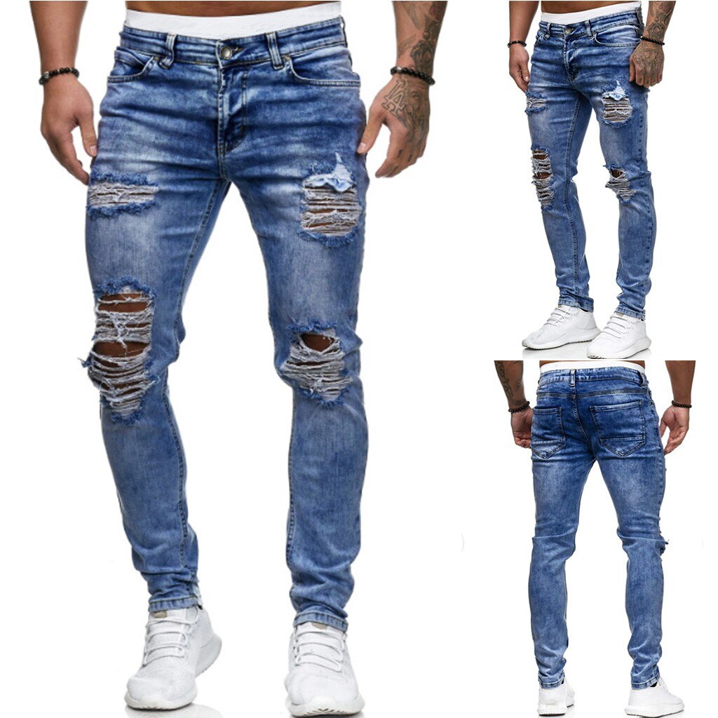 Men's Zipper Stretch Ripped Jeans Men's Denim Hole... – Grandado