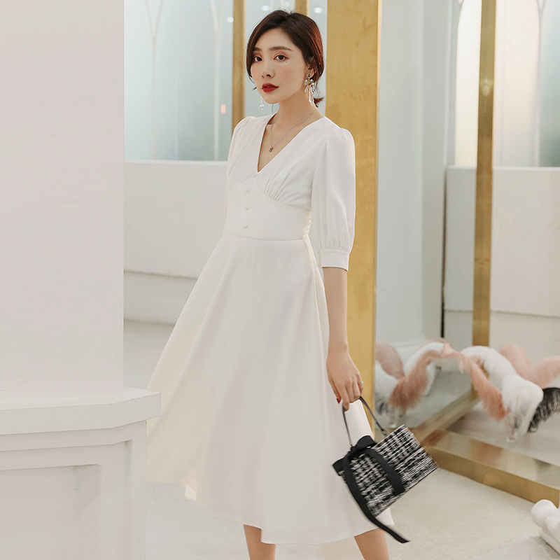 Yigelila kvinde hvid lang kjole v-hals lanterne ær... – Grandado