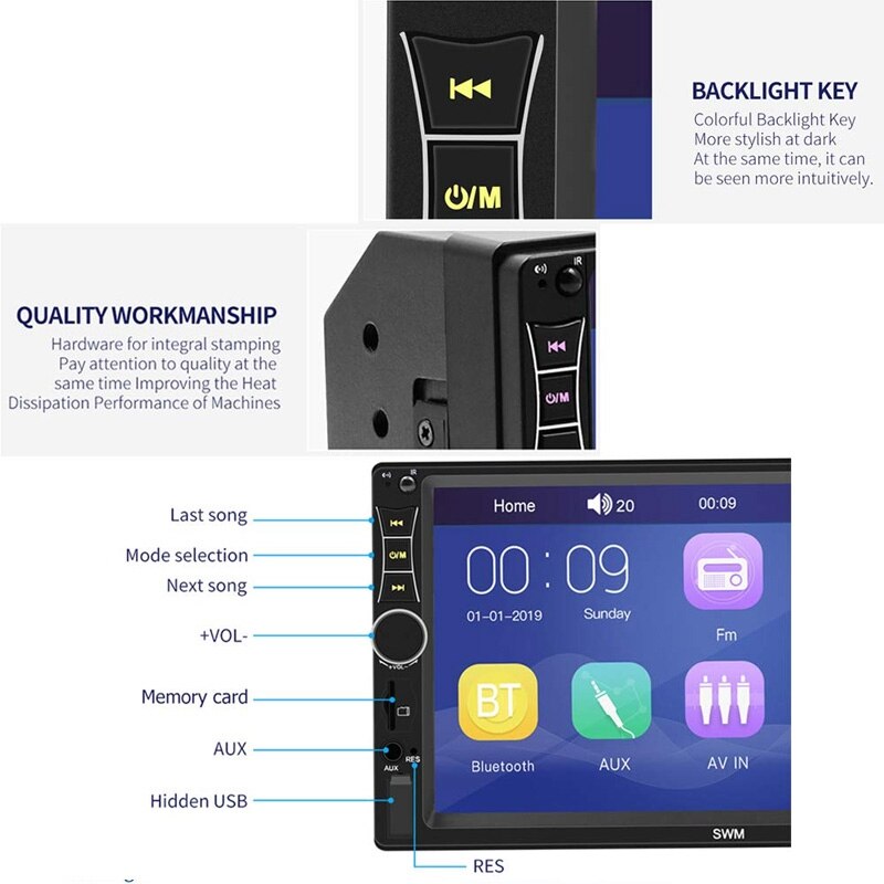 7 Inch Double DIN Car Stereo Player with Bluetooth... – Grandado