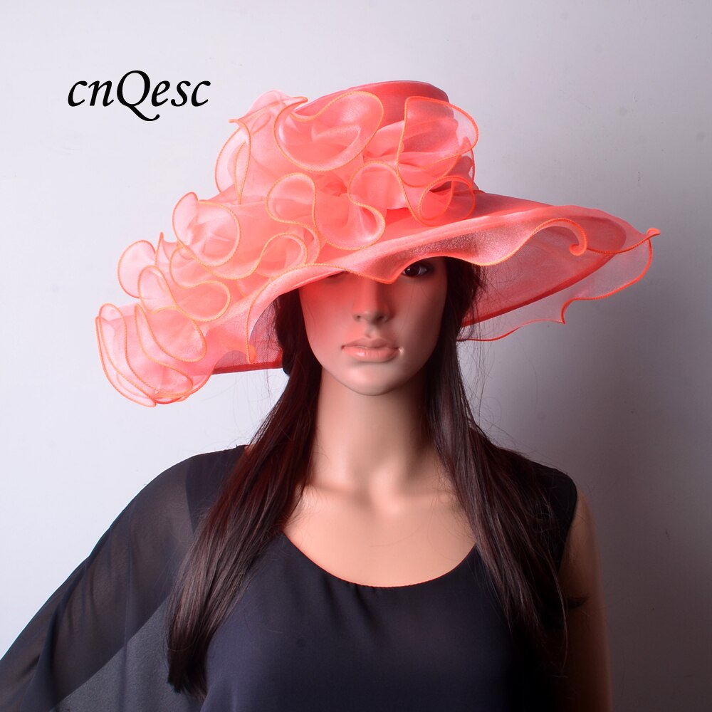 coral orange pink Large crystal organza hat sinama... – Vicedeal