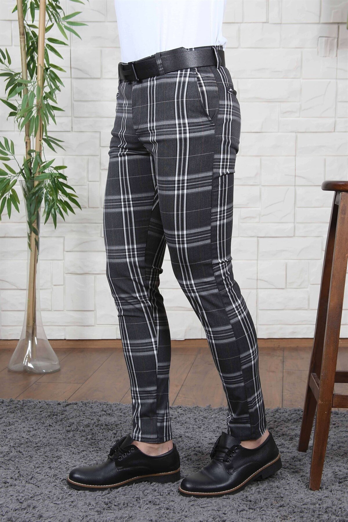 Slimfit Men Smoked Color Checkered Fabric Trousers... – Grandado